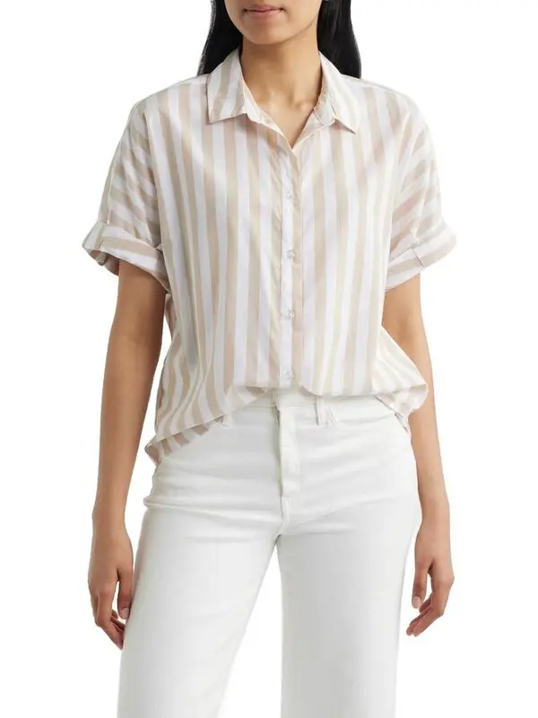 BEACHLUNCHLOUNGE Chase Striped Cotton & Modal Button-up Shirt - Toasted Khaki