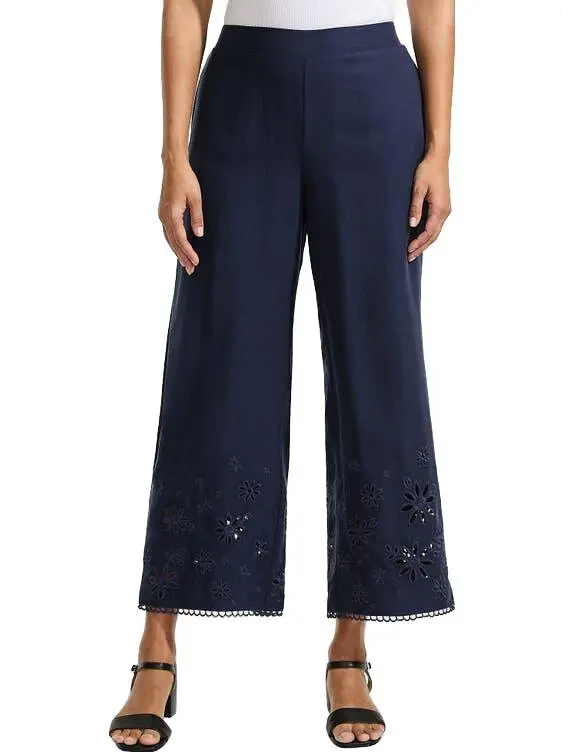 LANDS' END Linen Embroidered Cropped Wide-leg Pants - Navy