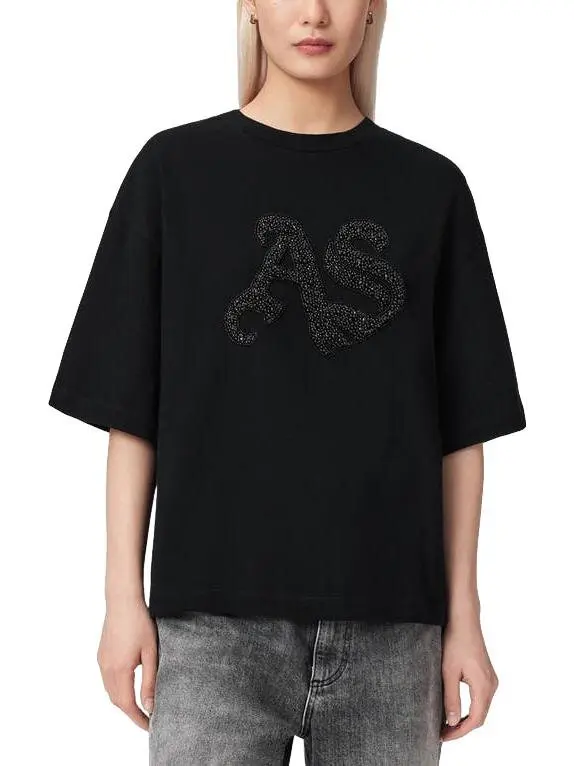 ALLSAINTS Icon Amelie Oversize Rhinestone Cotton T-shirt - Black