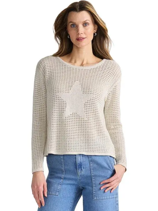 LANDS' END Cotton Viscose Mesh Jacquard Crew Neck Sweater - Oatmeal Snow Heather