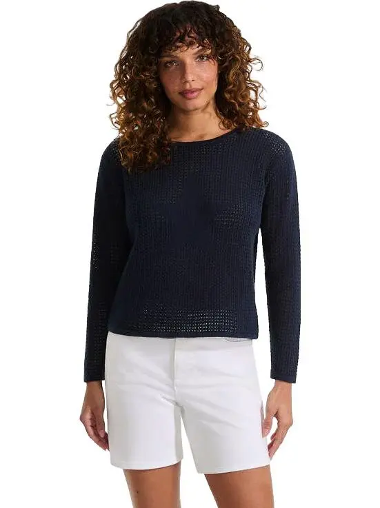 LANDS' END Cotton Viscose Mesh Jacquard Crew Neck Sweater - Radiant Navy