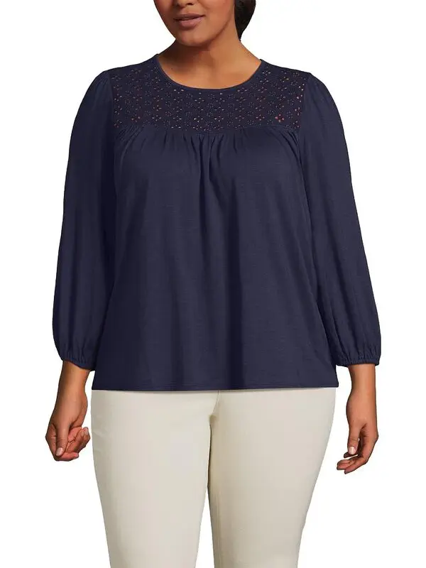 LANDS' END 3/4 Sleeve Eyelet Yoke Blouse - Faded Navy