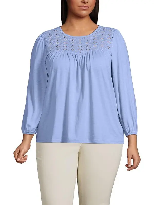 LANDS' END 3/4 Sleeve Eyelet Yoke Blouse - Light Sea Blue