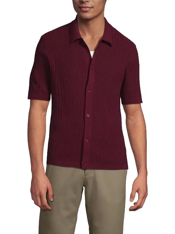 LANDS' END Short Sleeve Lightweight Button Through Polo - Burgundy Spritz