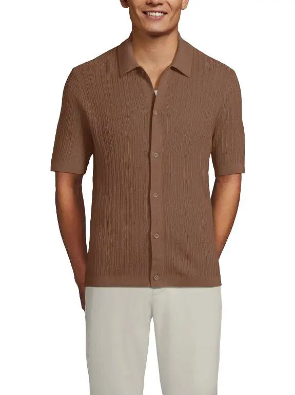 LANDS' END Short Sleeve Lightweight Button Through Polo - Dark Jute Brown