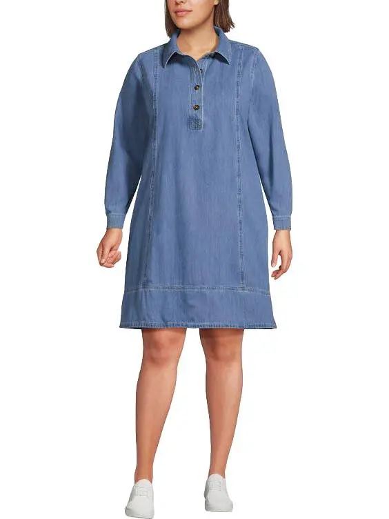 LANDS' END Light Denim Popover Knee-length Dress - Spring Blue Wash