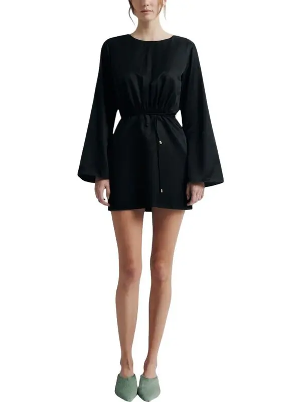 ROMY Piper Mini Dress With Belle Sleeves And Tie Detail - Black