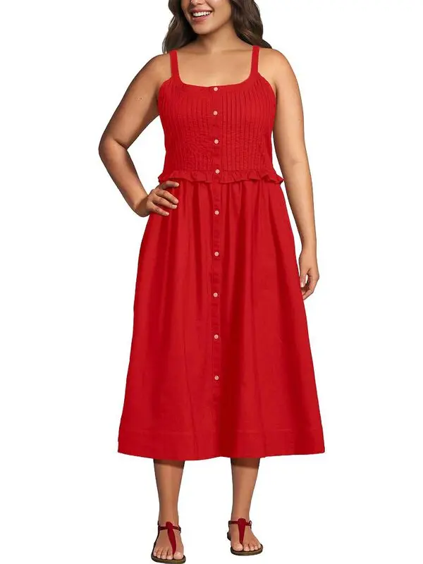 LANDS' END Linen Blend Pintuck Tank Midi Dress - Coral Red
