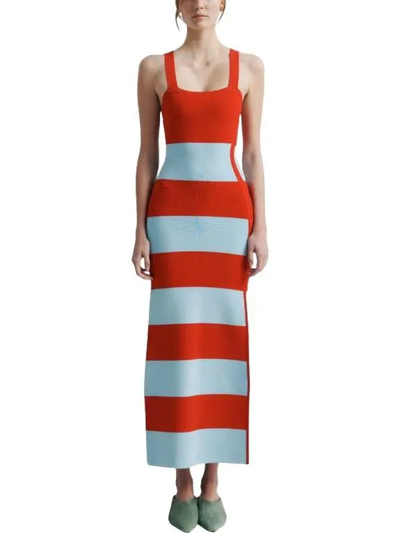 ROMY Ava Knit Maxi Dress With Side Slit - Red And Blue Stripe
