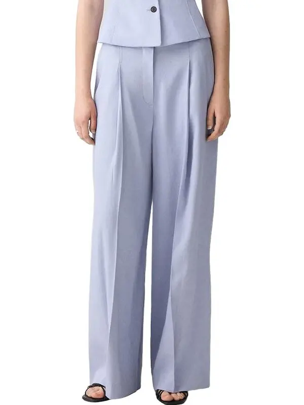 Theory Pleated Linen Blend Wide Leg Pants - Cornflower