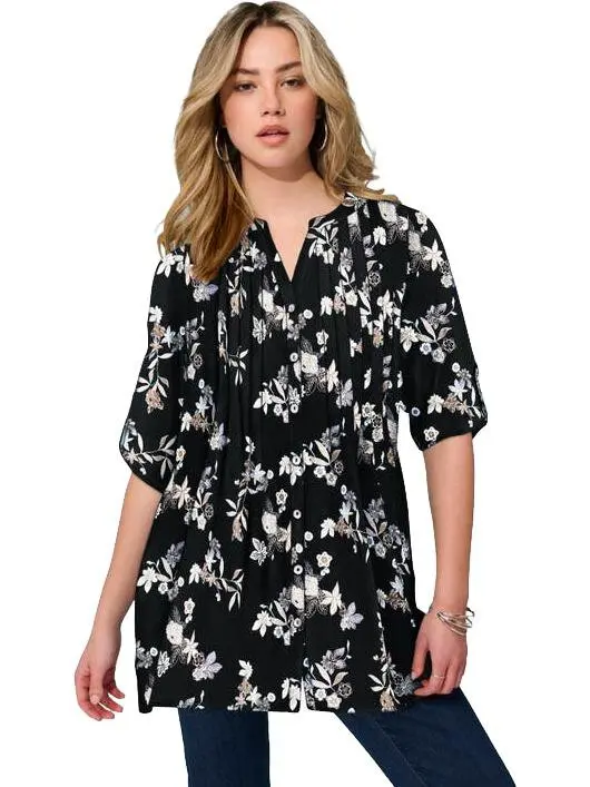 ROAMAN'S Pintuck Tunic Blouse With Y-neck And Roll-tab Sleeves - Black Batik Vine