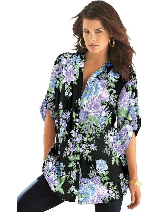 ROAMAN'S Pintuck Tunic Blouse With Y-neck And Roll-tab Sleeves - Black Floral