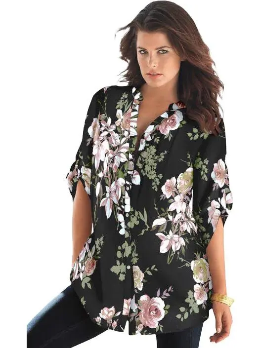 ROAMAN'S Pintuck Tunic Blouse With Y-neck And Roll-tab Sleeves - Black Romantic Rose