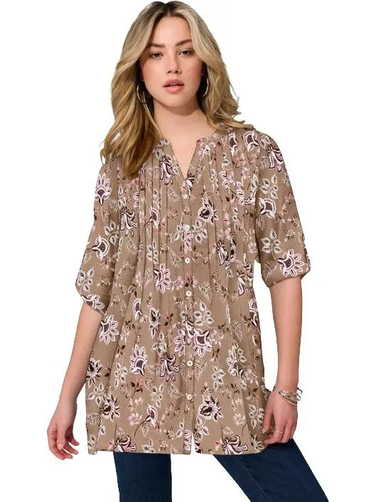 ROAMAN'S Pintuck Tunic Blouse With Y-neck And Roll-tab Sleeves - Brown Delicate Batik