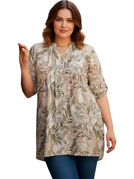 ROAMAN'S Pintuck Tunic Blouse With Y-neck And Roll-tab Sleeves - Green Khaki Waterfall Palm