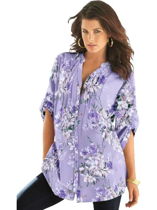 ROAMAN'S Pintuck Tunic Blouse With Y-neck And Roll-tab Sleeves - Lavender Romantic Rose