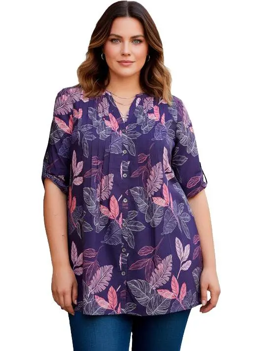 ROAMAN'S Pintuck Tunic Blouse With Y-neck And Roll-tab Sleeves - Midnight Violet Palm Leaves