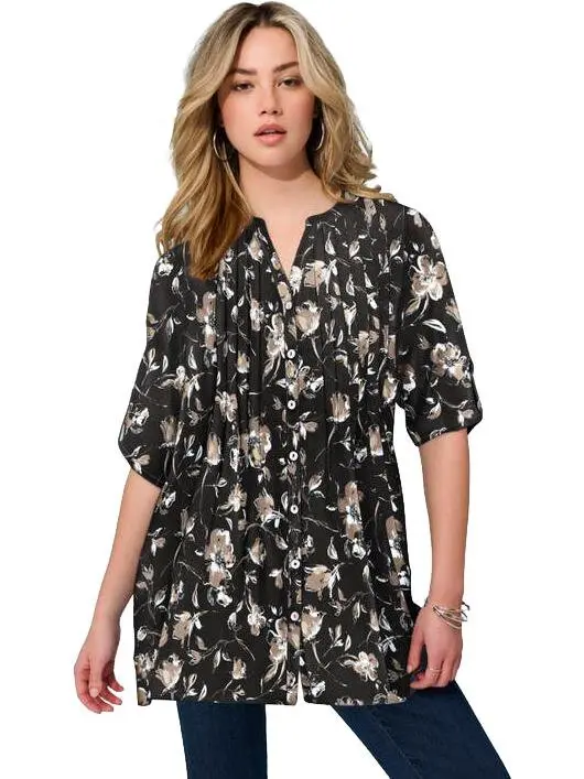 ROAMAN'S Pintuck Tunic Blouse With Y-neck And Roll-tab Sleeves - Neutral Sketch Blossoms
