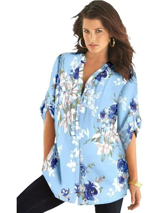 ROAMAN'S Pintuck Tunic Blouse With Y-neck And Roll-tab Sleeves - Pale Blue Romantic Rose