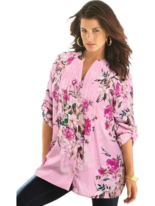 ROAMAN'S Pintuck Tunic Blouse With Y-neck And Roll-tab Sleeves - Pink Romantic Rose