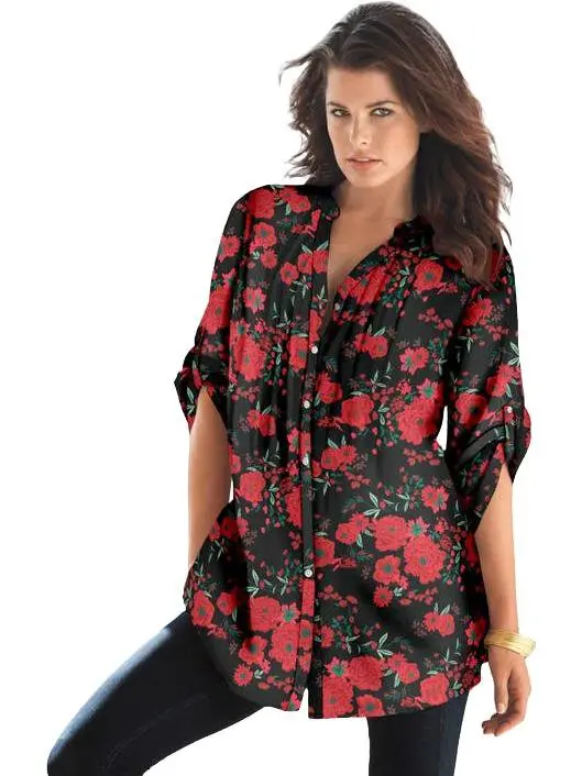 ROAMAN'S Pintuck Tunic Blouse With Y-neck And Roll-tab Sleeves - Red Peony Garden