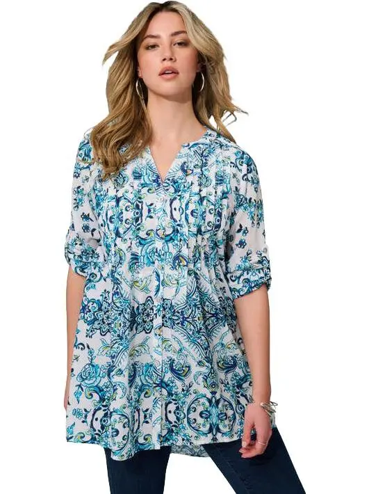ROAMAN'S Pintuck Tunic Blouse With Y-neck And Roll-tab Sleeves - White Turquoise Stencil Floral