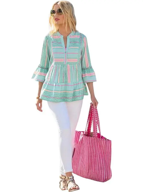 JOE BROWNS Bell Sleeve Tunic With Neon Stripes - Aqua Boho Stripes