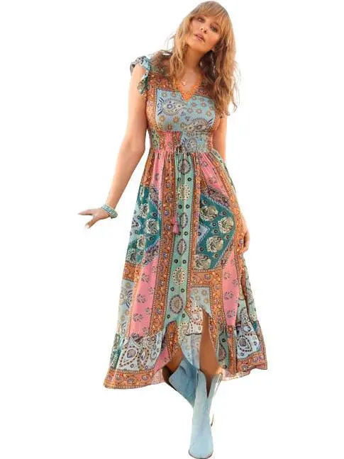 JOE BROWNS Patchwork Slit Maxi Dress With Lace Trim - Multi Patchwork