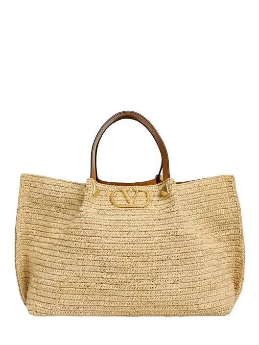 Valentino Garavani Medium Vlogo Signature Raffia Crochet Tote - Natural