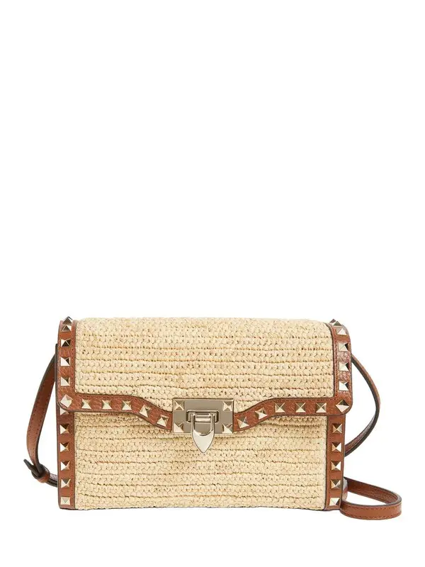 Valentino Garavani Small Rockstud Raffia Crochet Shoulder Bag - Natural