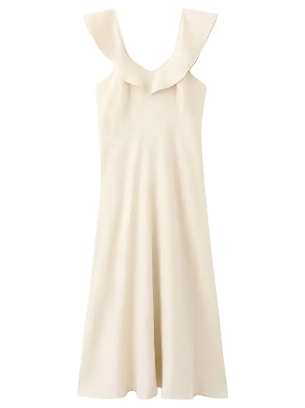 Mango Ruffled Linen Blend Midi Dress - Sand