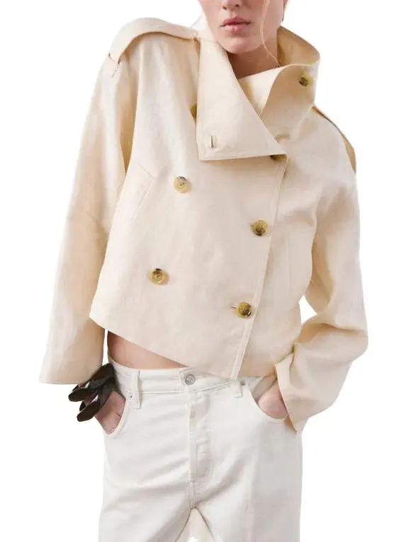 Mango Linen Funnel Neck Double-breasted Jacket - Ecru