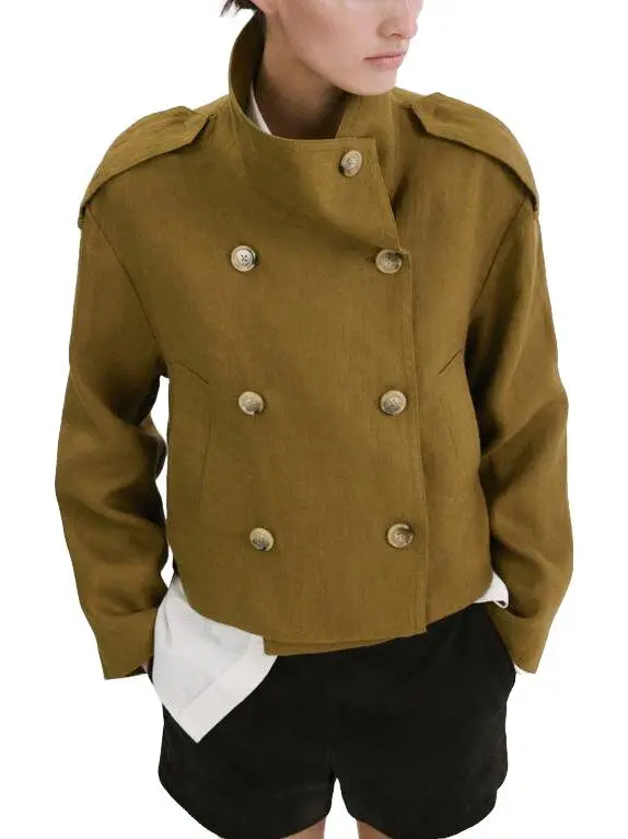 Mango Linen Funnel Neck Double-breasted Jacket - Olive Green