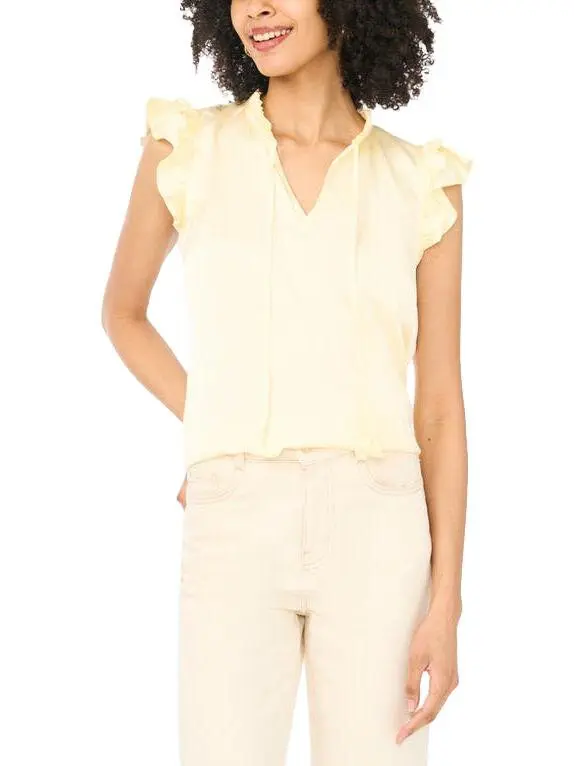 Vince Camuto Flutter Sleeve Tie Neck Top - Pale Lemon