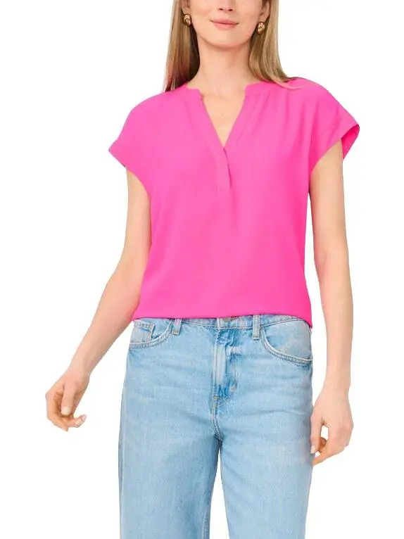 Vince Camuto Dolman Sleeve Top With Split Neck And Curved Hem - Hot Pink