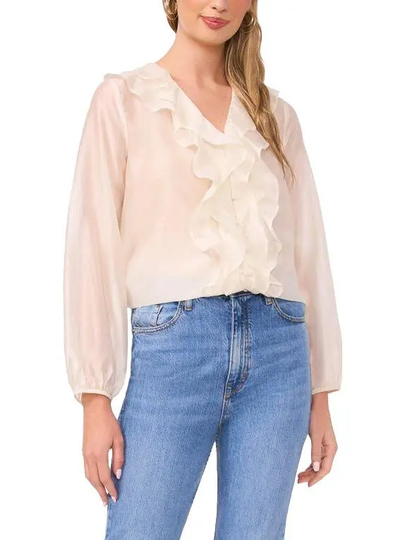 Vince Camuto Ruffled V-neck Sheer Blouse - Lily Ivory