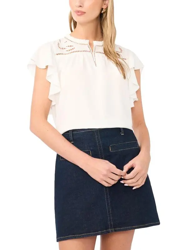 Vince Camuto Embroidered Ruffle Sleeve Top - New Ivory