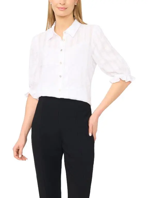 Halogen Sheer Stripe Puff Sleeve Button-up Shirt - Bright White