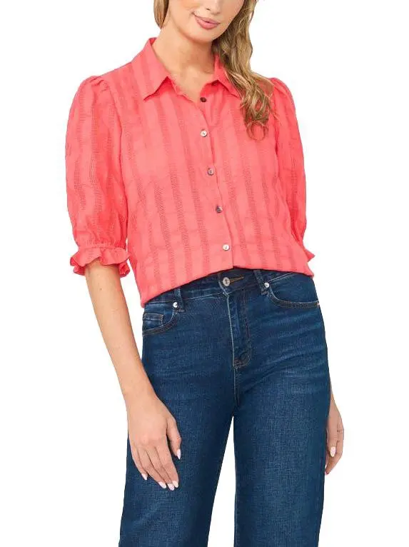 Halogen Sheer Stripe Puff Sleeve Button-up Shirt - Calypso Coral