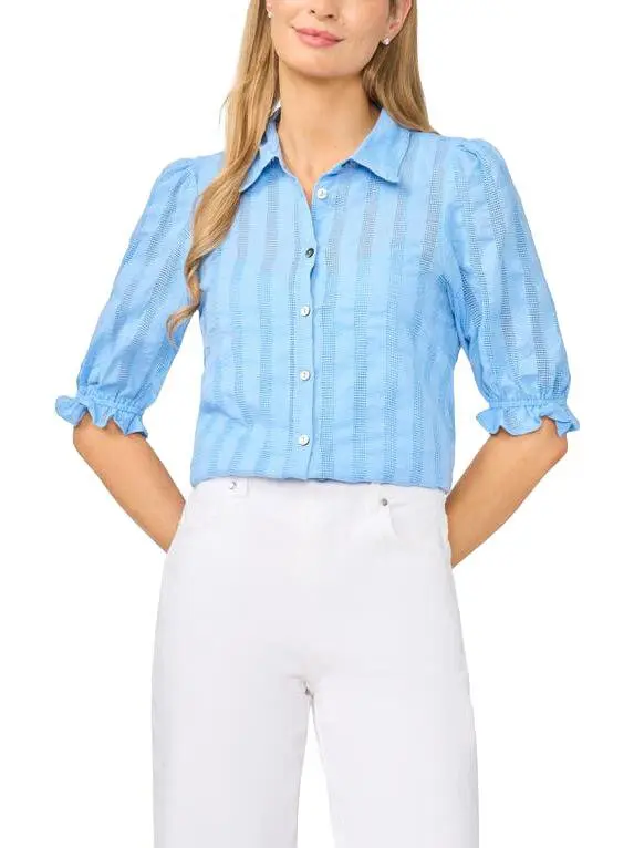 Halogen Sheer Stripe Puff Sleeve Button-up Shirt - Frozen Fjord