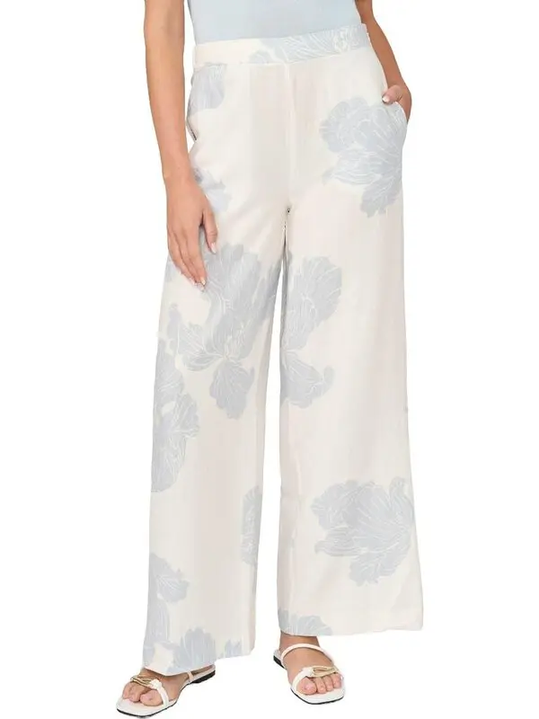 Halogen Wide Leg Floral Print Linen Blend Pants - Airy Blue
