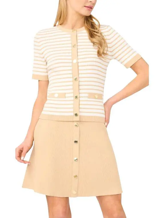 Halogen Stripe Short Sleeve Cardigan - Pebble