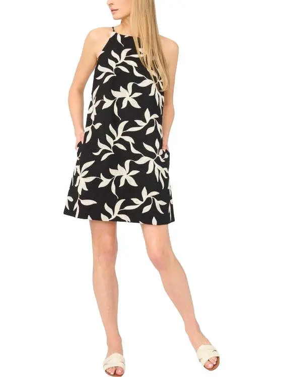 Halogen Embroidered Leaf Print Cotton A-line Sundress - Rich Black