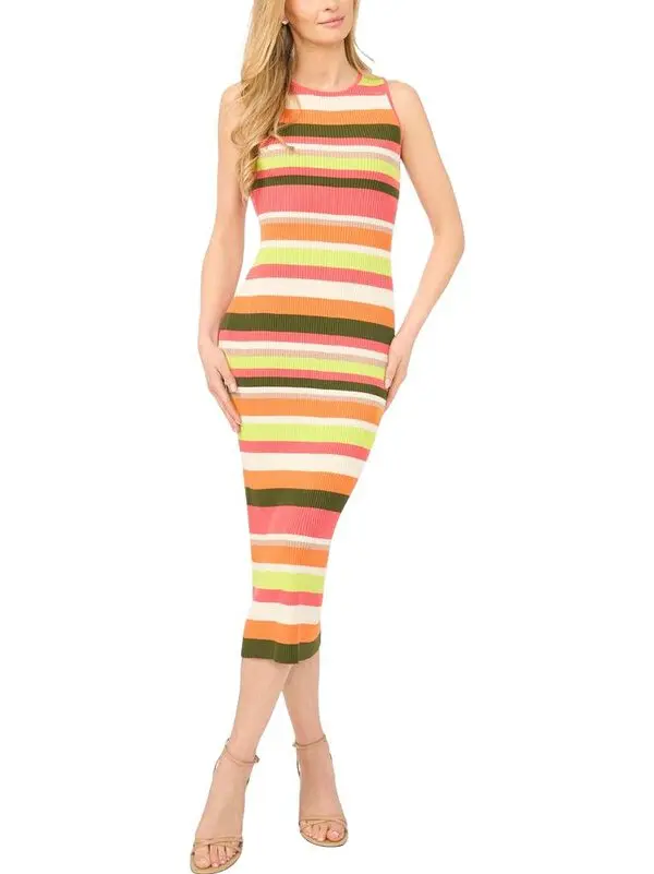 Halogen Variegated Stripe Rib Midi Dress - Coral Crush