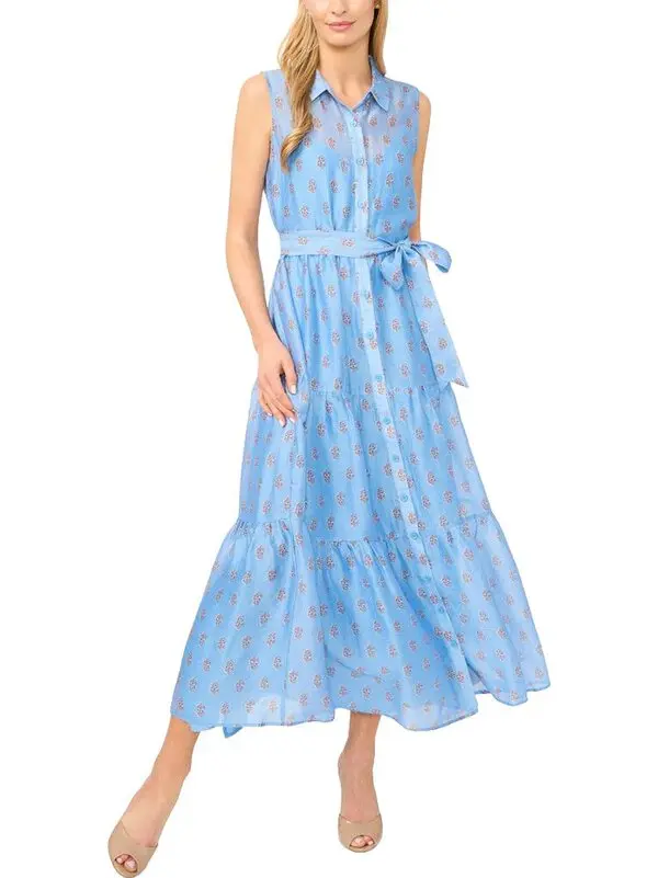 Halogen Printed Sleeveless Shirt Dress With Tiered Ruffle Skirt - Frozen Fjord