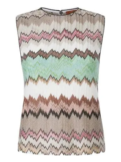 Missoni Sleeveless Crewneck Top In Viscose Lamé With Snake Motif - Green& Brown