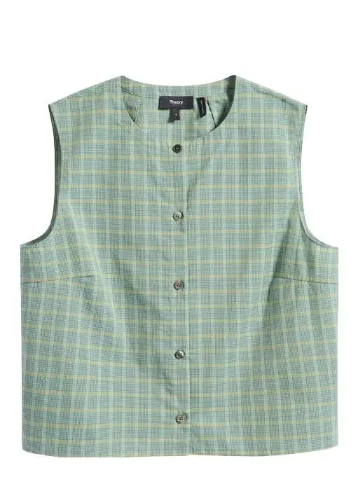 Theory Sleeveless Check Print Button-up Shell - Green Multi