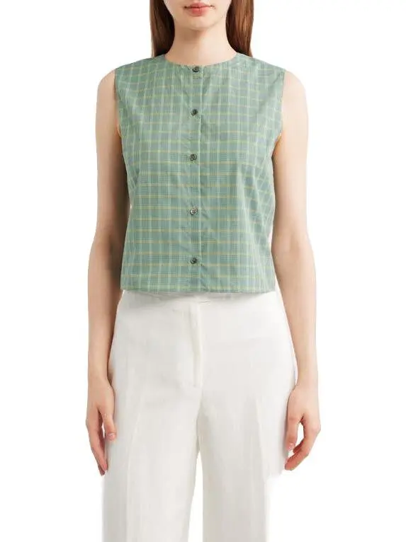 Theory Sleeveless Check Print Button-up Shell - Green Multi