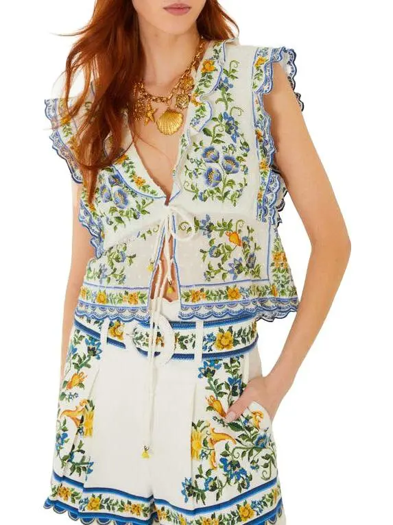 Farm Rio Emily Floral Deep V-neck Tie Front Top - Off-white