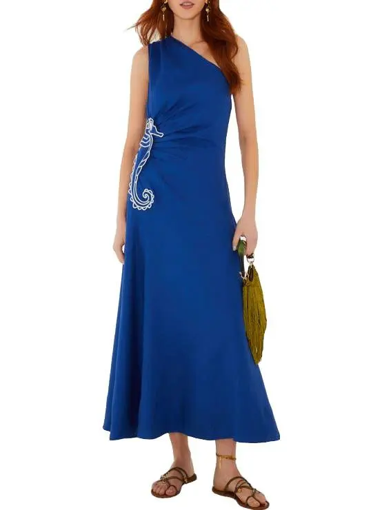 Farm Rio Embroidered Seahorse One-shoulder Linen Midi Dress - Blue